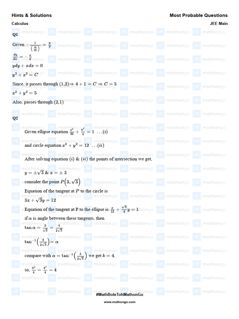 (Sol) Calculus @JEE - OneStop1 | PDF | Tangent | Equations