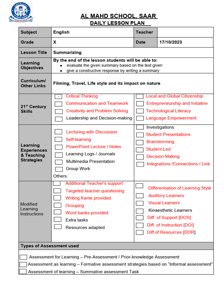 Summarizing LSN Plan | PDF | Learning | Educational Assessment