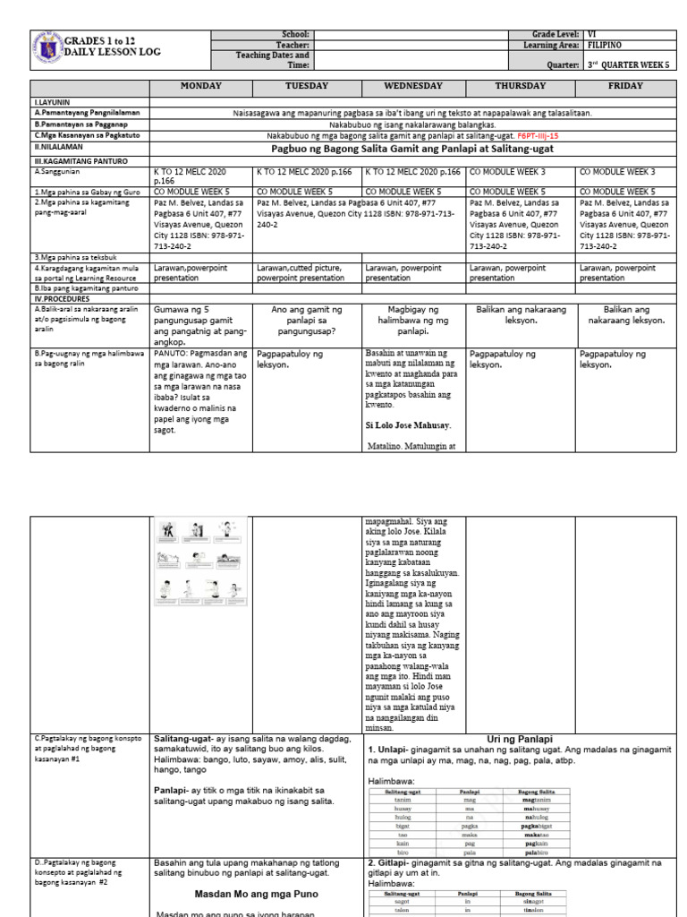 DLL - Filipino 6 - Q3 - W5 | PDF