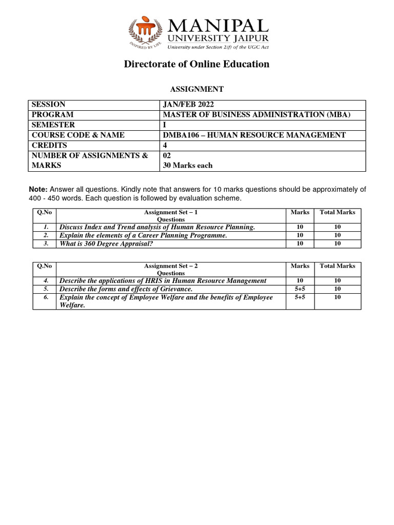 Assignment - DMBA106 - MBA 1 - Set-1 and 2 - Mar 2022 | PDF