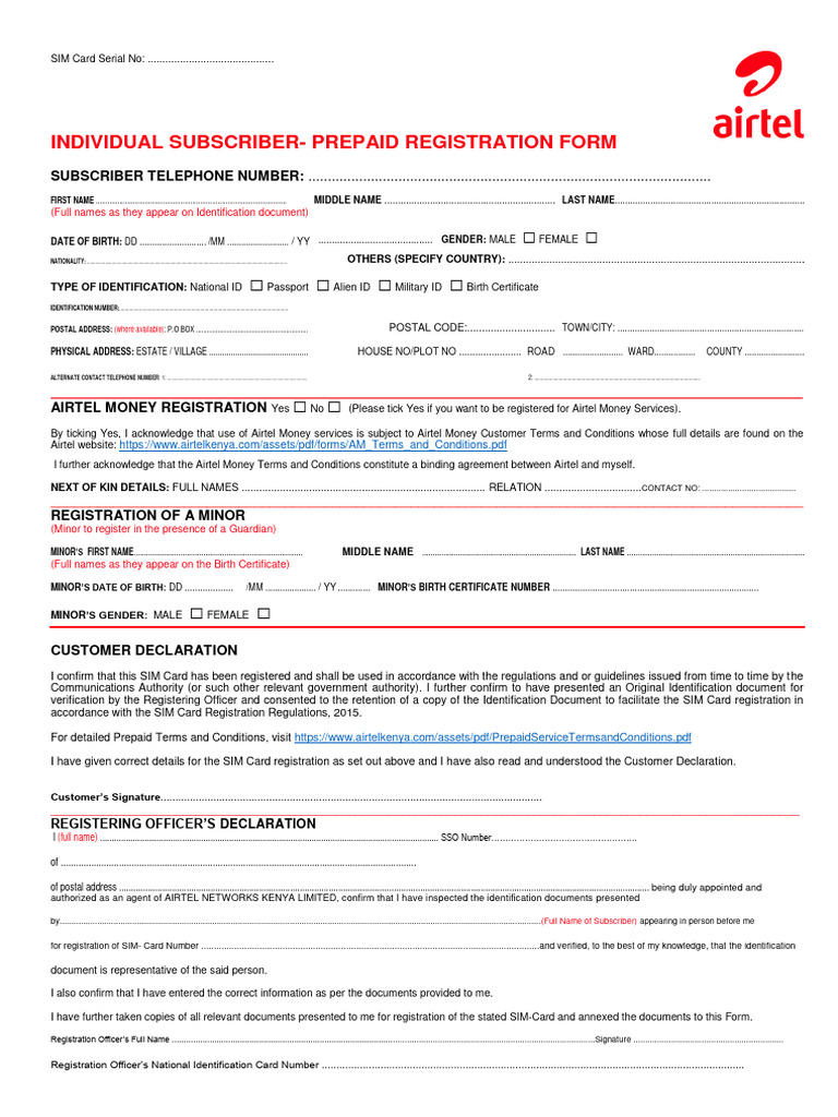 Prepaid Individual Customer Registration Form Airtel | PDF