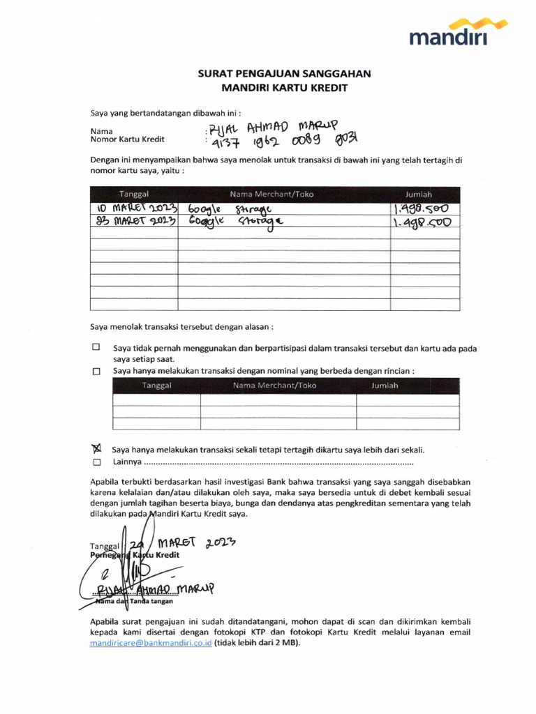 Surat Sanggahan Kartu Kredit | PDF