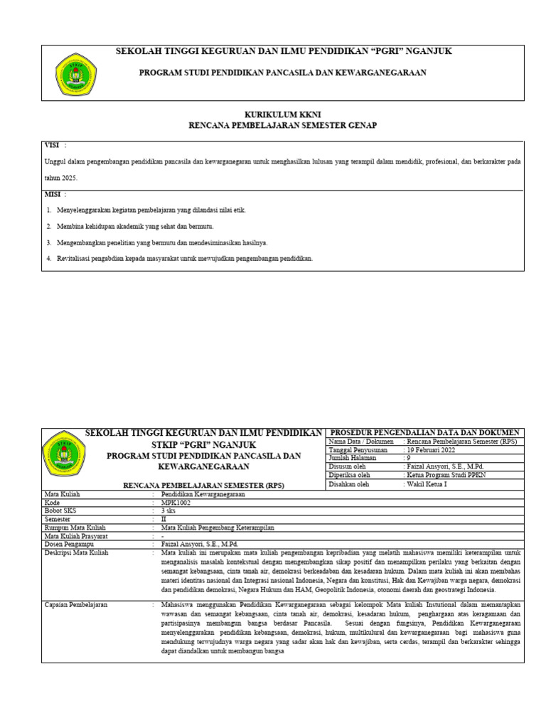 RPS PPKN Semester Genap STKIP Nganjuk | PDF