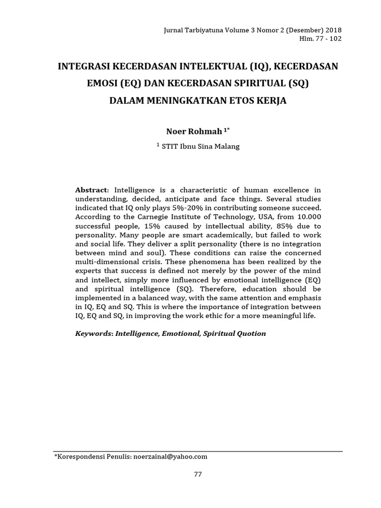 Integrasi Kecerdasan Intelektual (Iq), Kecerdasan Emosi (Eq) Dan Kecerdasan Spiritual (SQ) Dalam ...