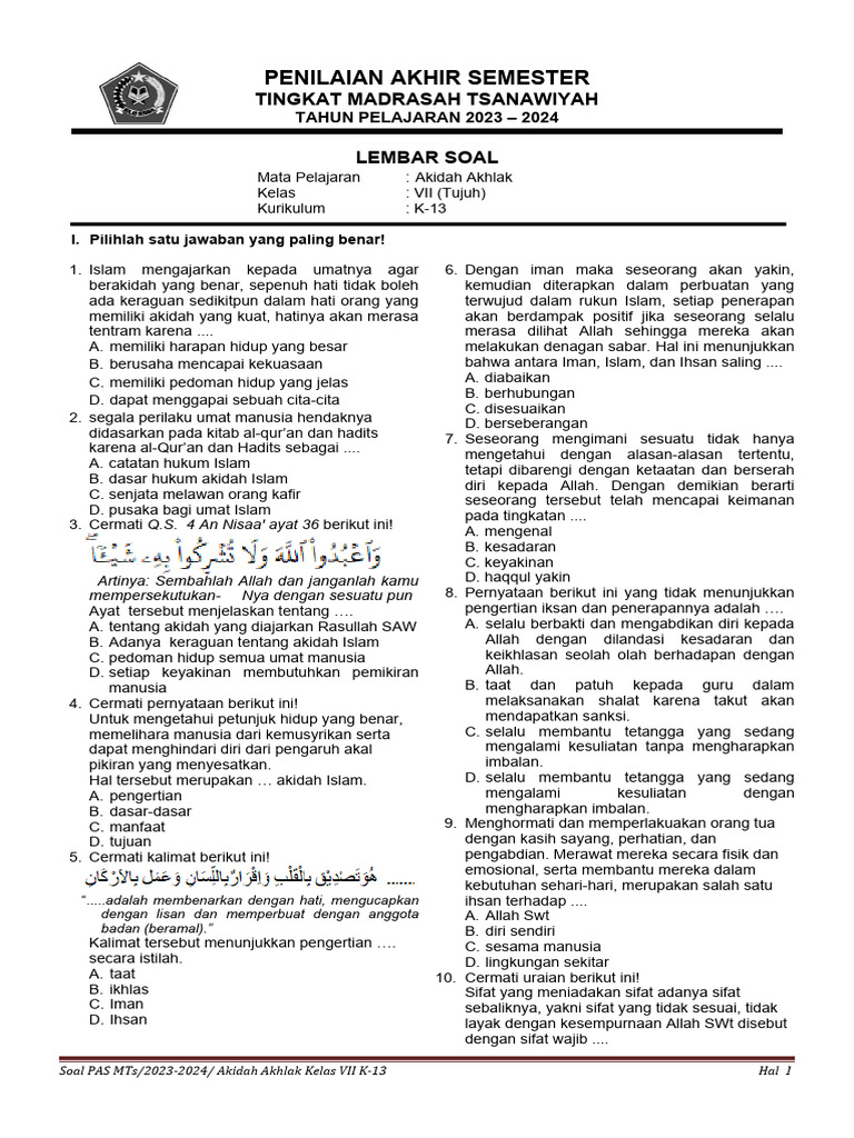 Soal Pas Akidah Akhlak Kelas 7 K-13 Tapel 2023-2024 | PDF