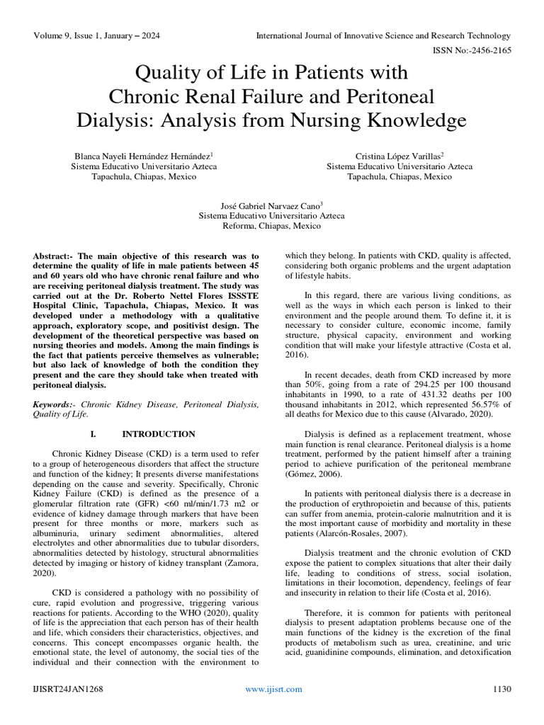 Quality of Life in Patients With Chronic Renal Failure and Peritoneal Dialysis: Analysis From ...