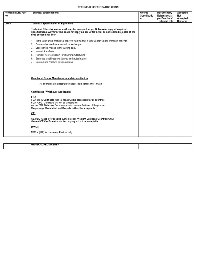 Urinal Technical Specifications Guide | PDF | Building Engineering