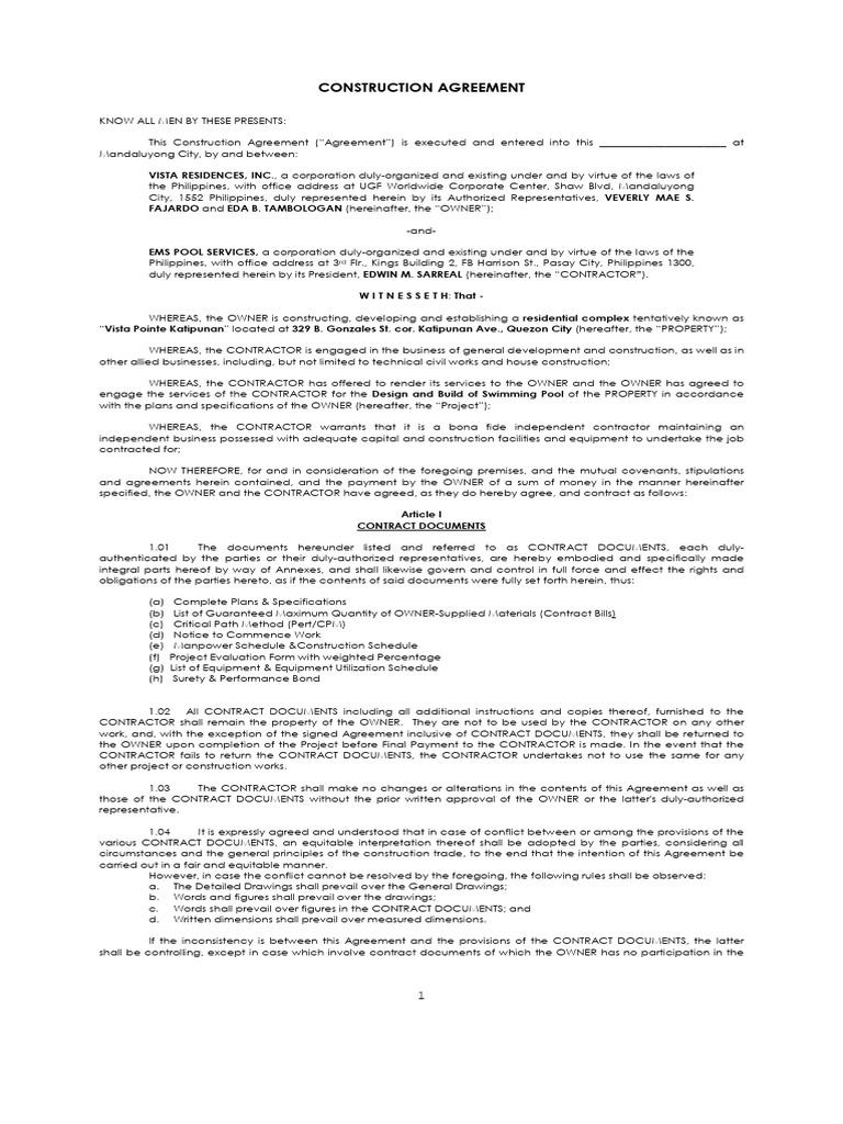 Contract Swimming Pool Pointe EMS Pool-1 | PDF