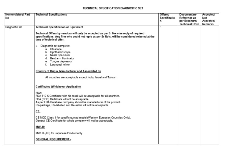 Diagnostic Set Technical Specifications | PDF