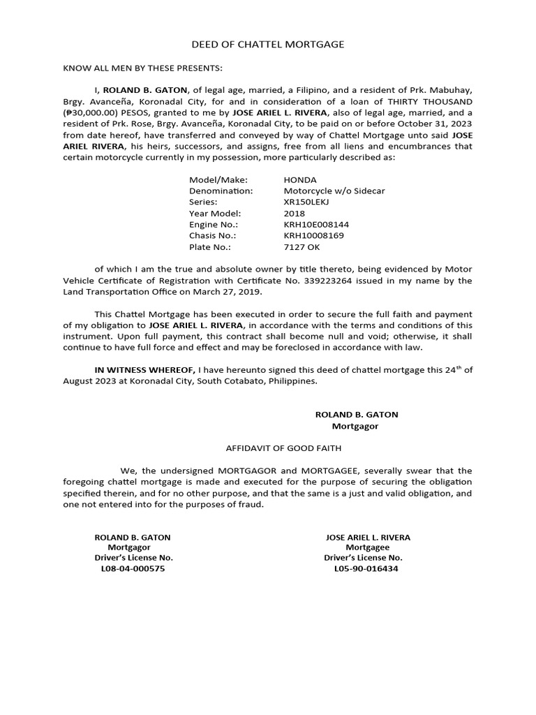 Deed of Chattel Mortgage | PDF