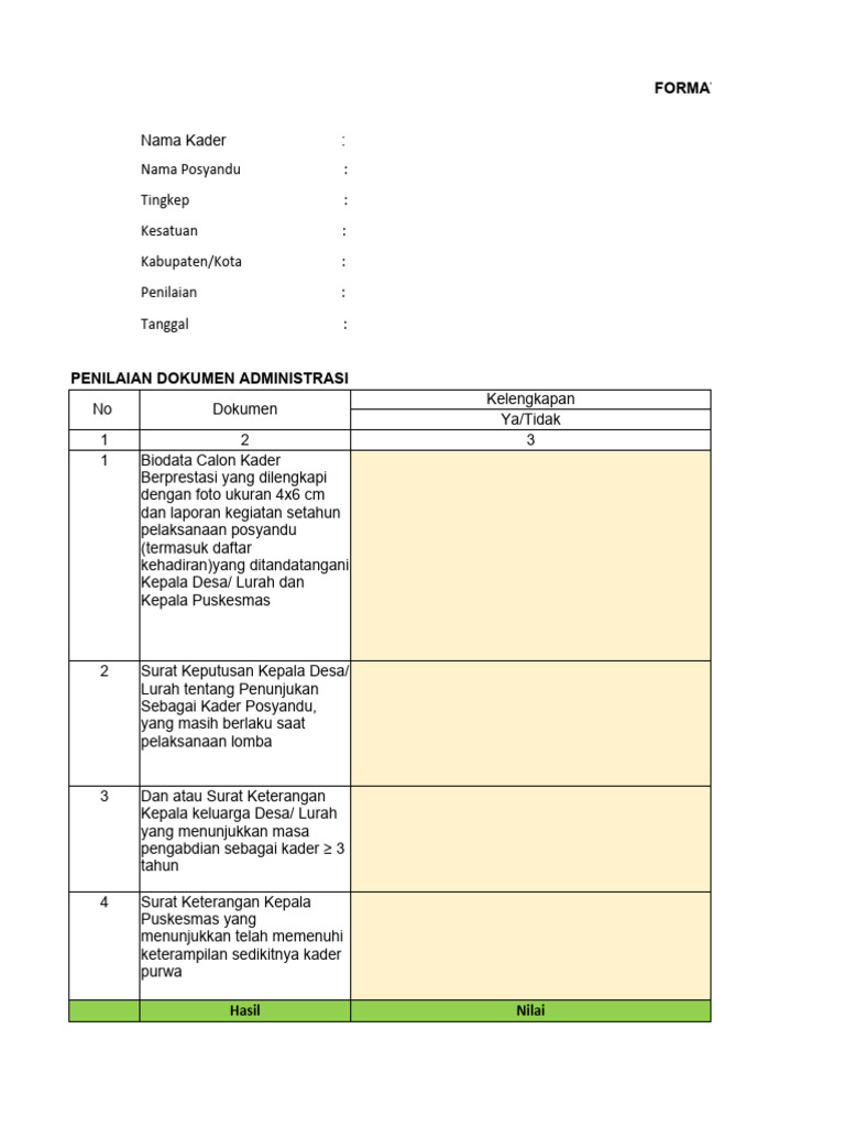 Format Penilaian Kader Berprestasi | PDF