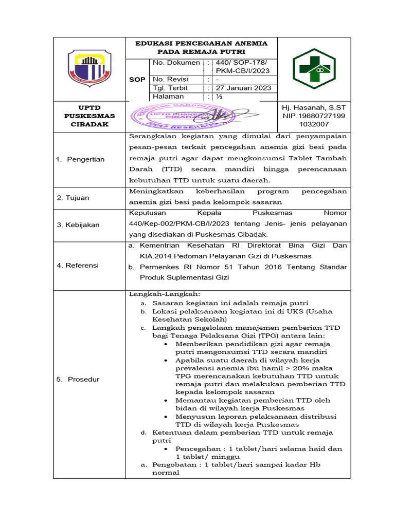 Sop Edukasi Rematri Pencegahan Anemia | PDF