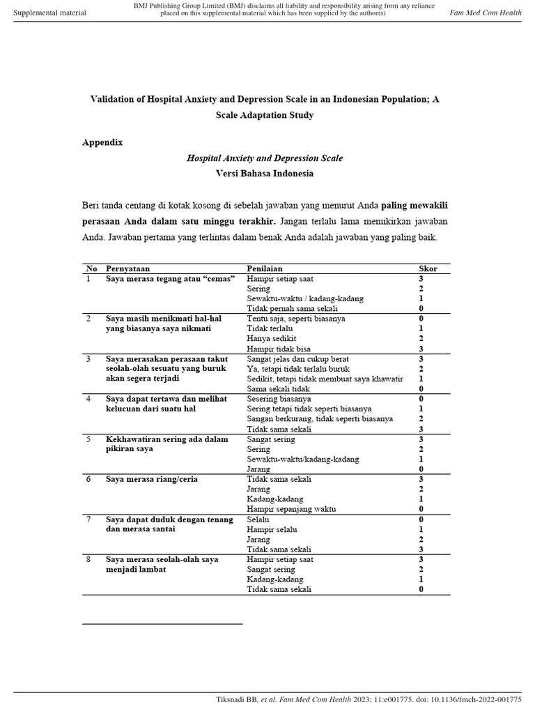 (Tiksnadi Et Al, 2023) Hospital Anxiety Depression Scale (HADS ...