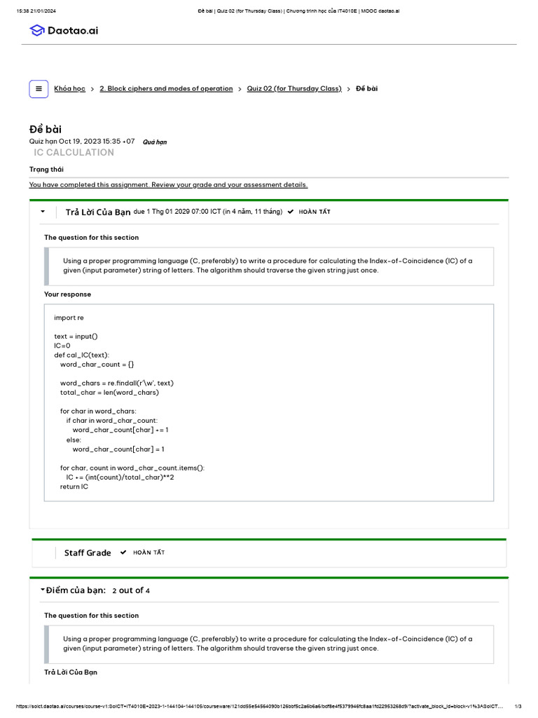 Đề bài - Quiz 02 (for Thursday Class) - Chương trình học của IT4010E - MOOC daotao.ai | PDF