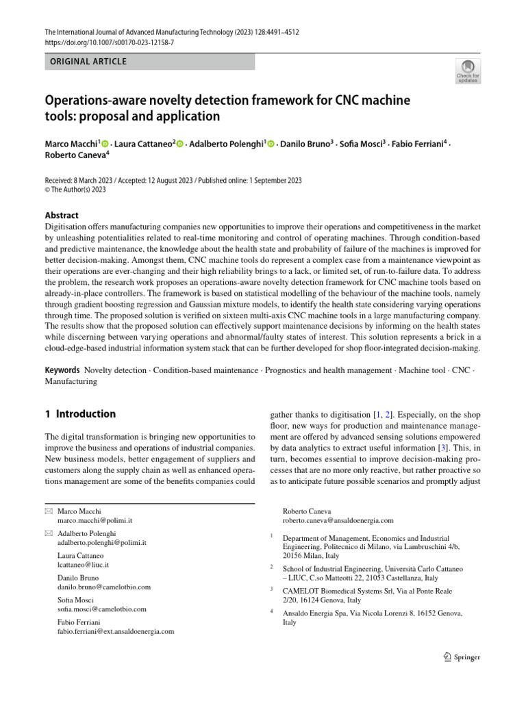 Operations Aware Novelty Detection Framework For CNC Machine Tools Proposal and Application | PDF
