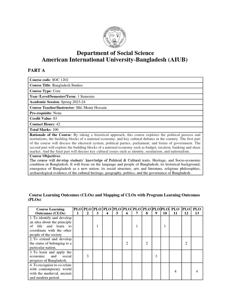 Revised Bangladesh Studies Course Outline For Spring 2023-24 | PDF