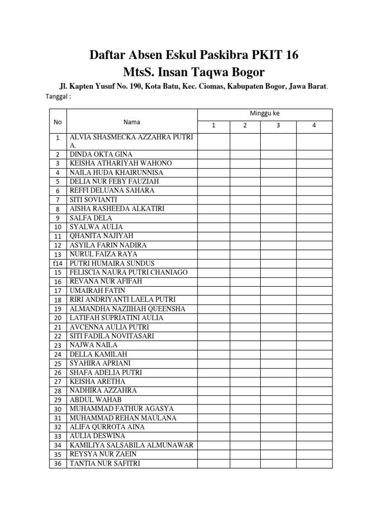 Daftar Absen Eskul Paskibra PKIT 16 | PDF