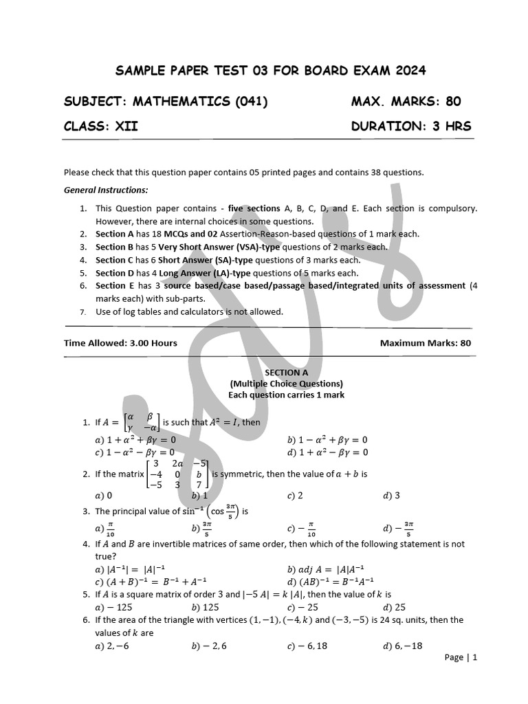 DR Sourav Debasis - Xii - Mathematics - Sample Paper - 01 - 2024 | PDF