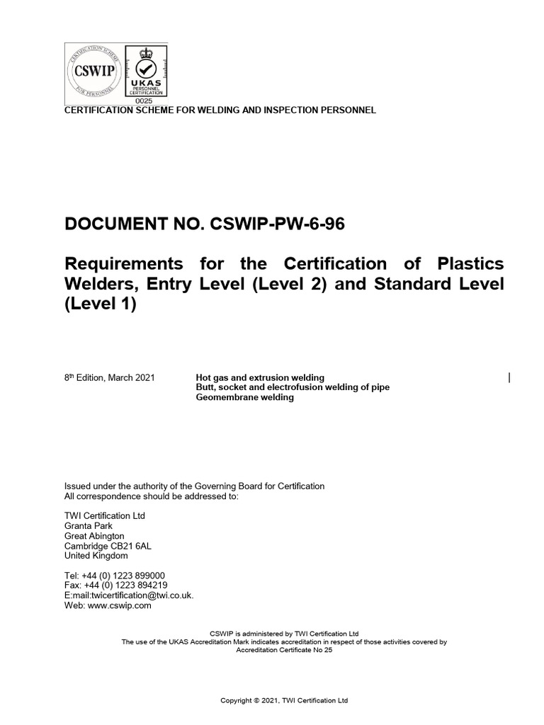 CSWIP PW 6 96 Plastics Welder 8th Edition March 2021 | PDF | Welding ...