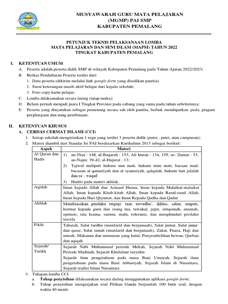 Juknis MAPSI 2022 Kabupaten (Fix) | PDF