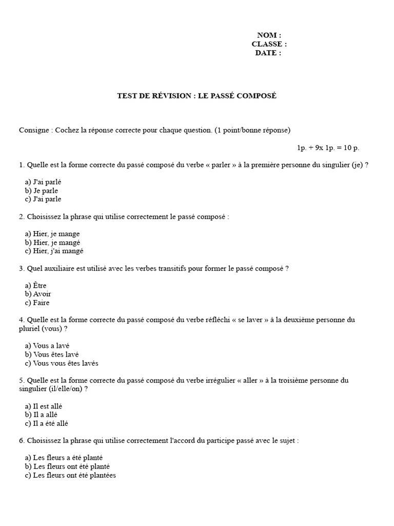 Test de révision : passé composé | PDF | Arts du langage et discipline