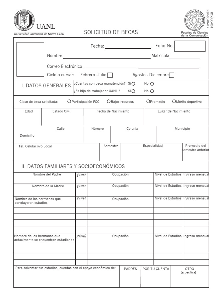 Formato de Solicitud de Beca Cuota Interna FCC Uanl 2022 | PDF