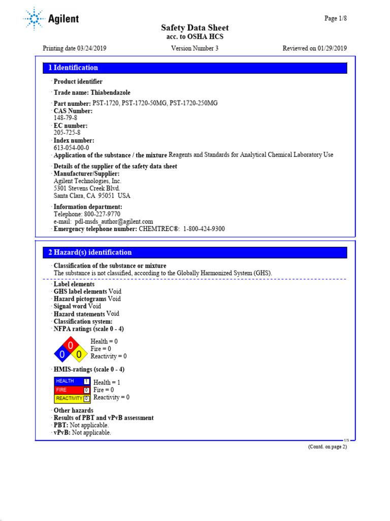 MSDS Thiabendazole TC2-Agilent | PDF | Dangerous Goods | Occupational Safety And Health