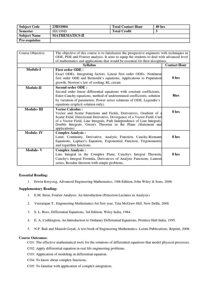 Syllabus Mathematics-II For B.Tech - 2nd Semester For Admission Batch 2023-24 | PDF