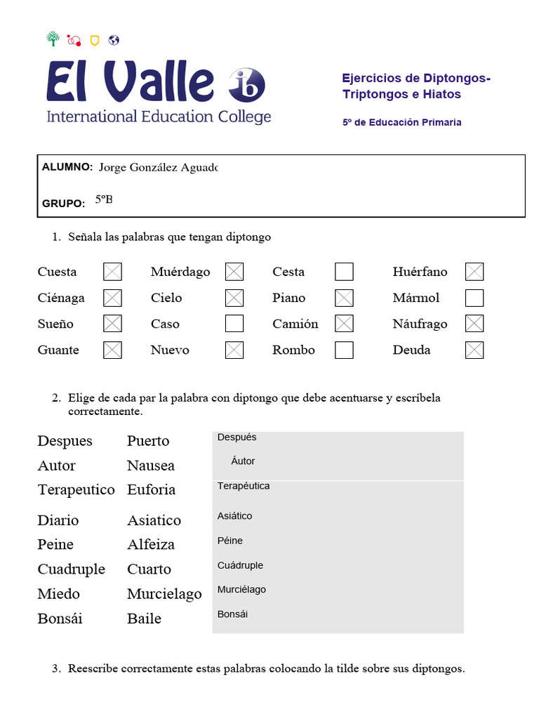 Ejercicios Diptongos, Triptongos e Hiatos Modificable | PDF