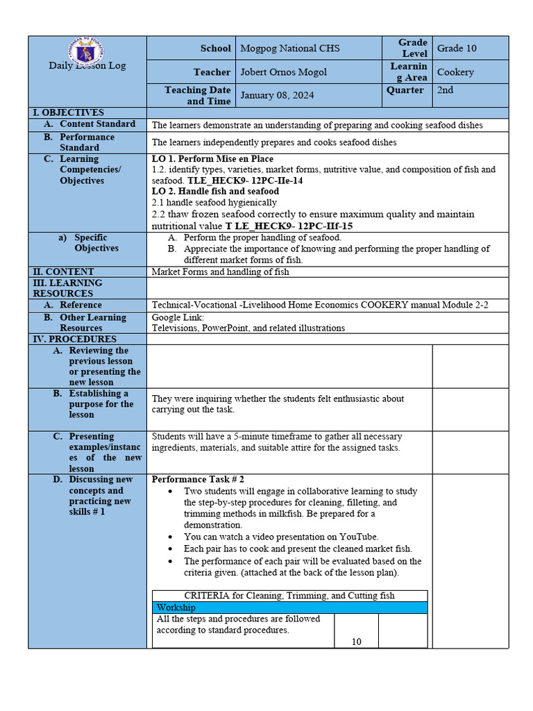 Cookery 8 Performance Task | PDF | Learning | Lesson Plan