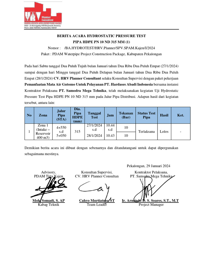 BA Hydrostatic Test Pipa HDPE Dia. 315mm 28 Januari 2024 | PDF