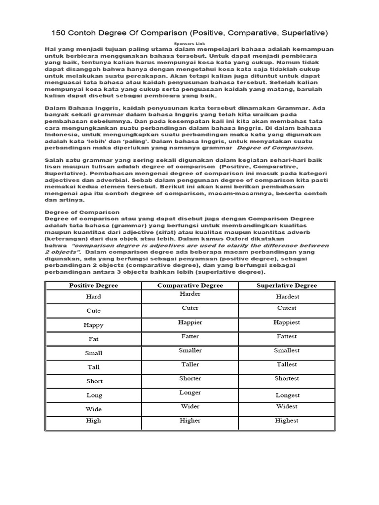 150 Contoh Degree of Comparison | PDF