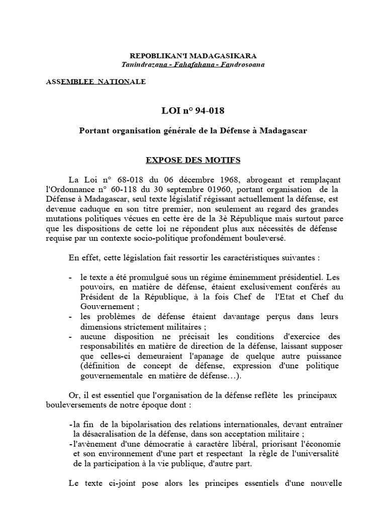 Loi N° 94 018 Organisation Générale de La Défense À Madagascar | PDF