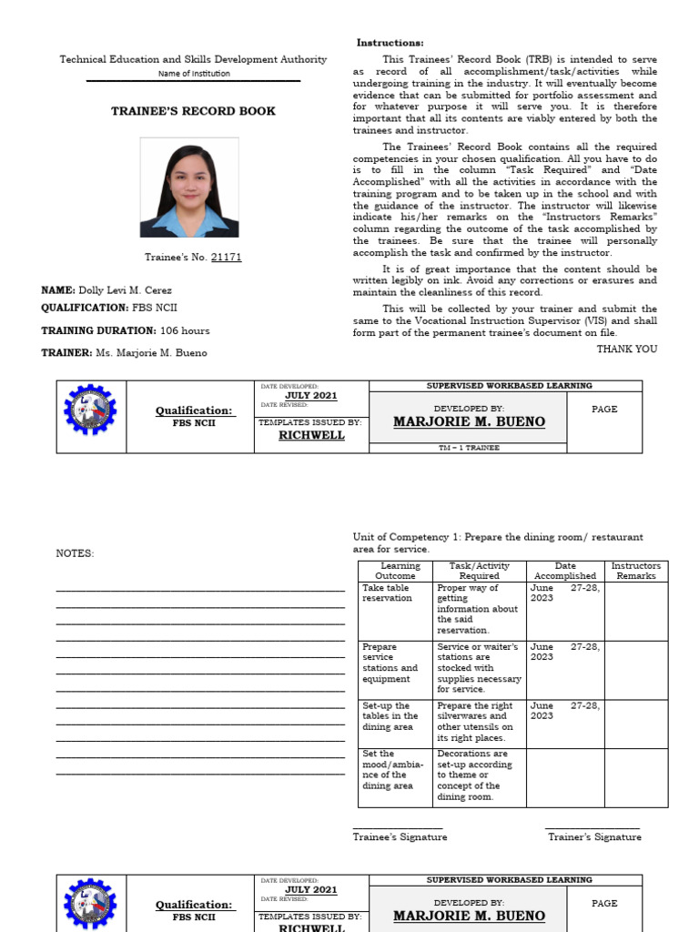 Trainee Record Book for FBS NCII | PDF | Tableware | Restaurants