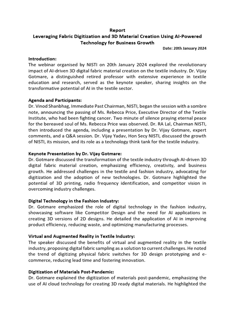 DR Gotmare Webinar Report | PDF | Textiles | Artificial Intelligence