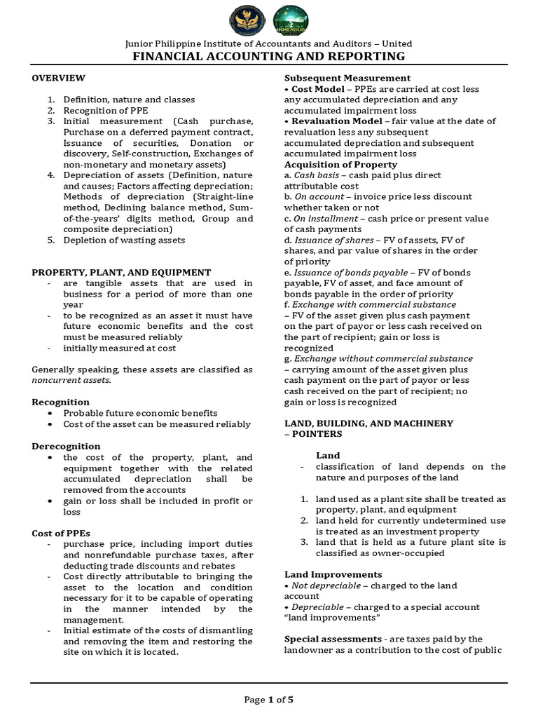 01 - Finacc - Property, Plant, and Equipment | PDF | Depreciation | Cost