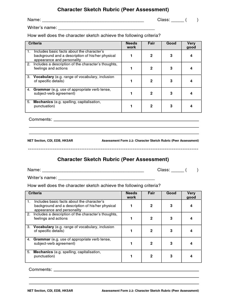 Character Sketch Peer Assessment Rubric | PDF | Rubric (Academic ...