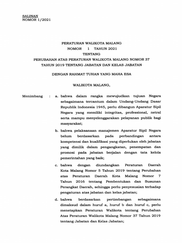 Salinan Perwal Nomor 1 Tahun 2021 Tentang Jabatan Dan Kelas | PDF