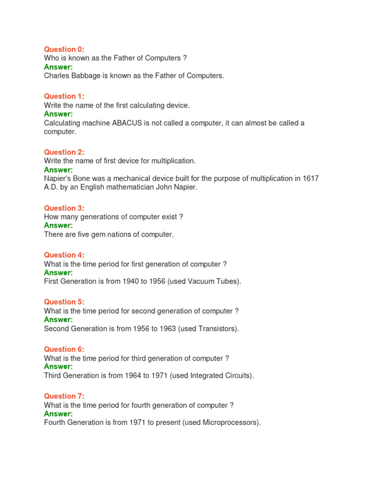 Questions On Generation and Evolution of Computers - 1 | PDF
