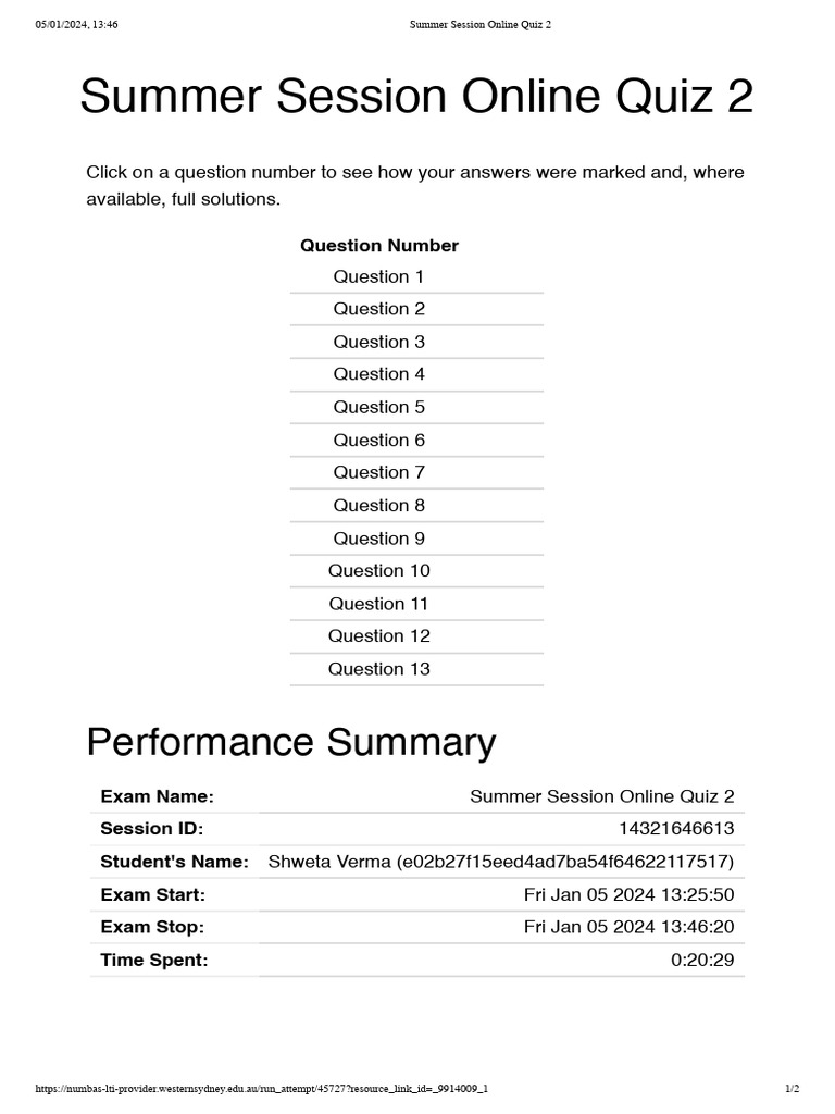 Summer Session Online Quiz Results | PDF