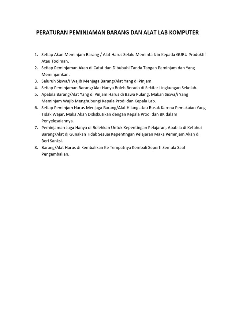 Peraturan Peminjaman Barang Dan Alat Lab Komputer | PDF