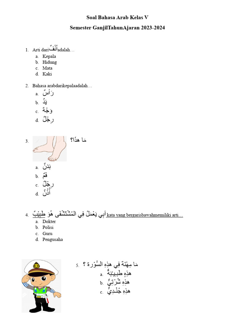 Soal Bahasa Arab Kelas V | PDF