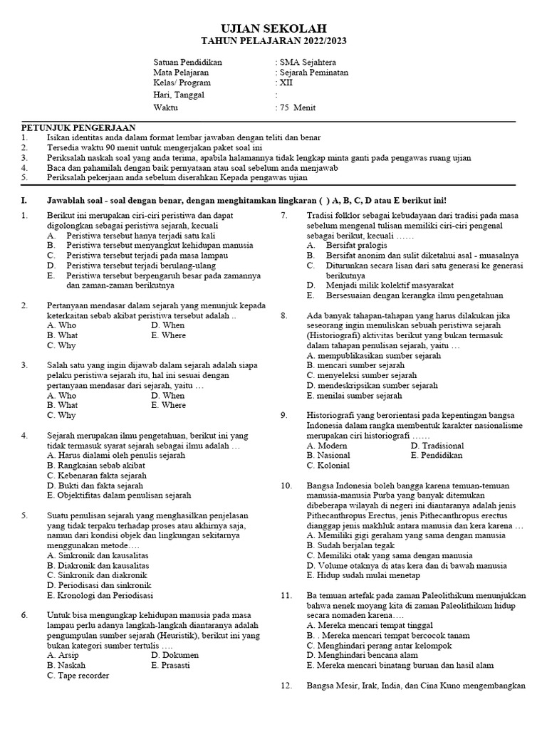 Soal US Sejarah Peminatan Kelas XII - WWW - Kherysuryawan.id | PDF