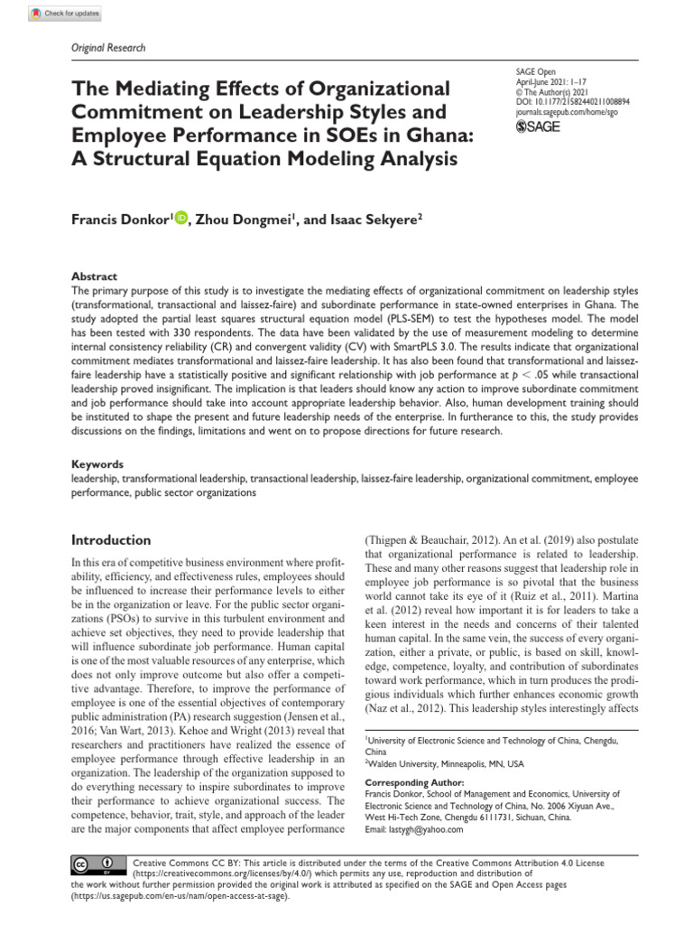 Donkor Et Al 2021 The Mediating Effects of Organizational Commitment On Leadership Styles and ...