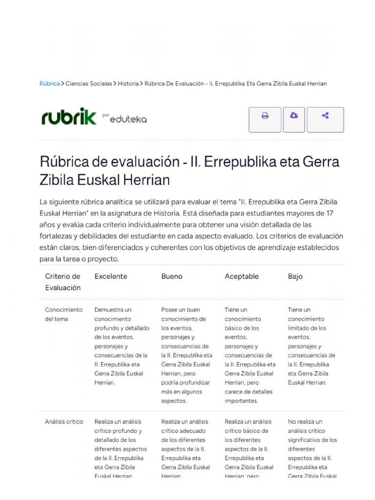 Rúbrica de Evaluación - Ii. Errepublika Eta Gerra Zibila Euskal Herrian | PDF