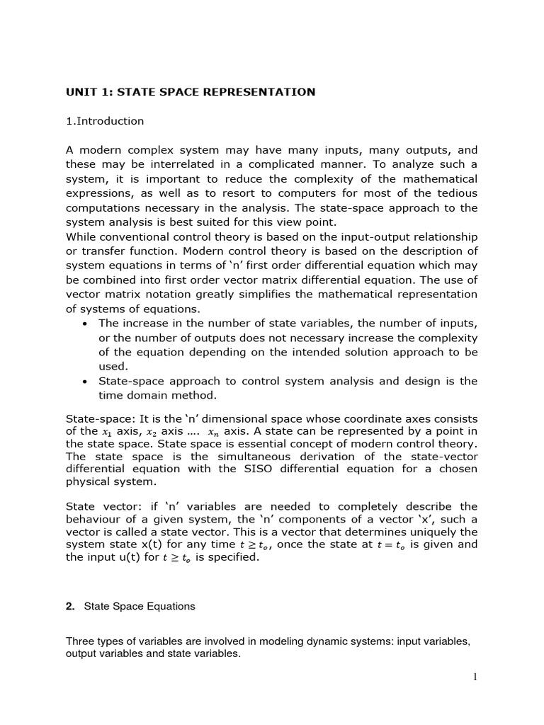 Unit 1 State Space | PDF | Matrix (Mathematics) | Control Theory