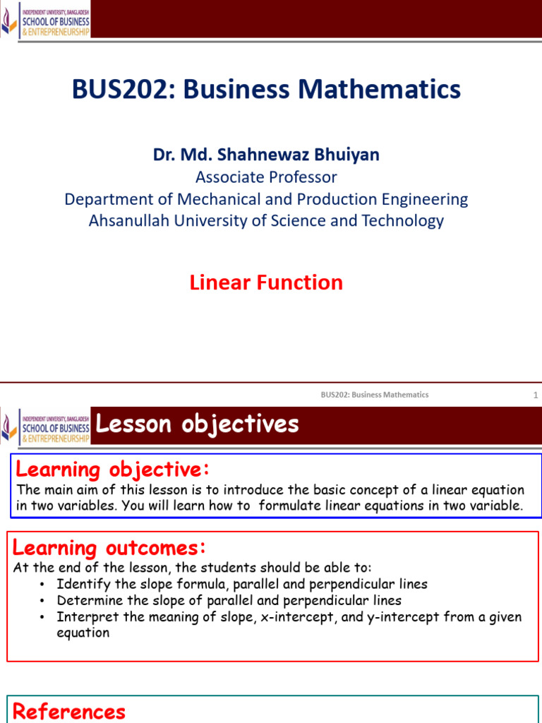Lecture-4 - Linear-Function Business Mathematics (Bus 202) | PDF | Derivative | Slope