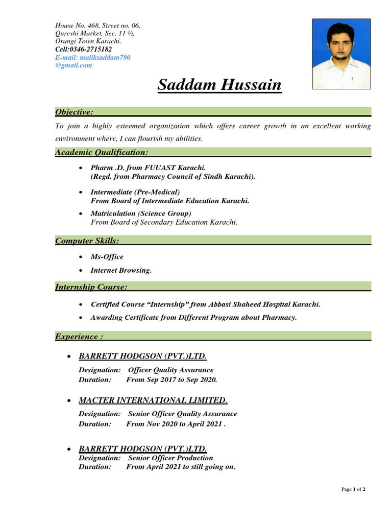 Saddam Hussian CV | PDF | Business