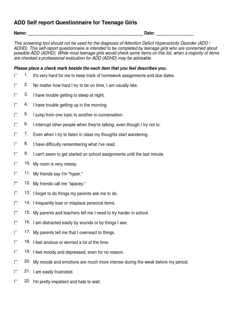 ADHD Self-Report For Teenage Girls | PDF