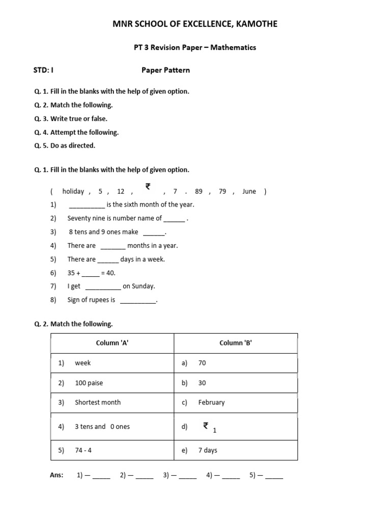 Grade I Mathematics Revision Paper PT III | PDF | Mathematics